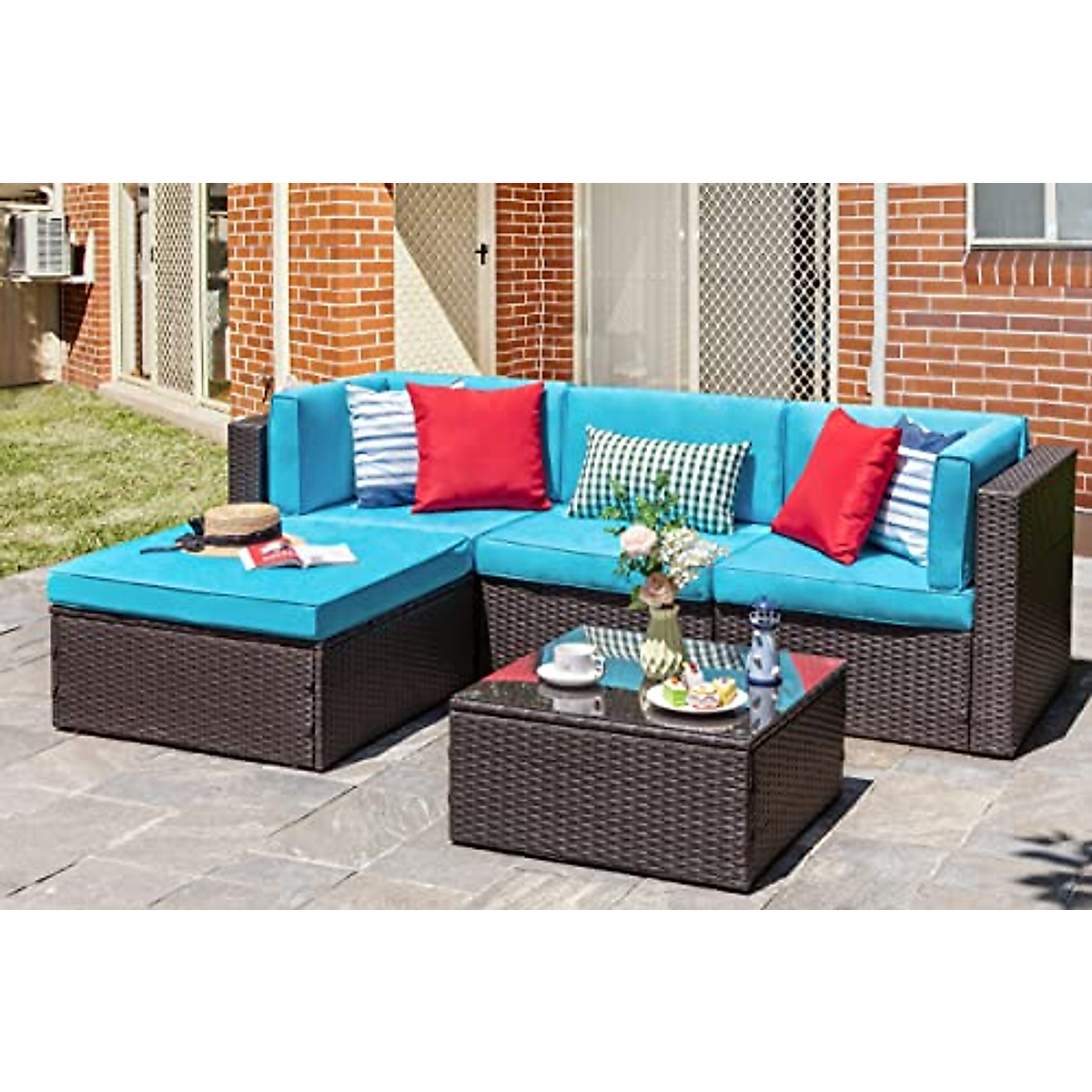 Vongrasig 5 Piece Patio Furniture Sets, All-Weather Brown PE Wicker Outdoor Couch Sectional Patio Set, Small Patio Conversation Set Garden Patio Sofa Set w/Ottoman, Glass Table, Blue