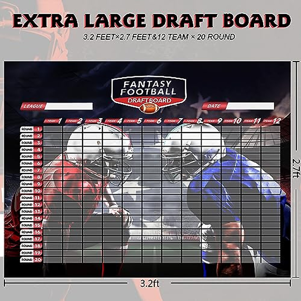 Fantasy Football Draft Board 2023-2024 Kit - 2023 Season XL Fantasy Football Draft Board 3.2 x 2.66 Feet- 500+ Player Stickers - 12 Team x 20 Rounds
