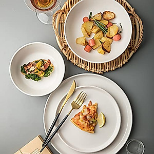 ARORA SKUGGA Round Stoneware 16pc Double Bowl Dinnerware Set for 4, Dinner and Side Plates, Cereal and Pasta Bowls - Matte White (466077)