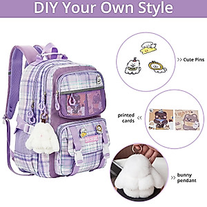 AoMoon Cute Backpack for Girls Kawaii Backpack Functional Bookbag Plaid Daypack Aesthetic Backpack for School with Cute Accessories (Purple)