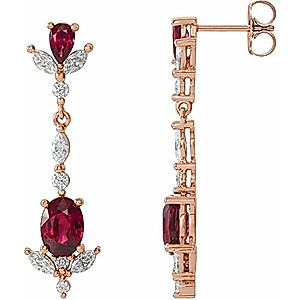 14k Rose Gold Genuine Oval & Pear Shaped Ruby & 3/4 Ct Diamond 1-3/8" Long Dangle Drop Earring Pair