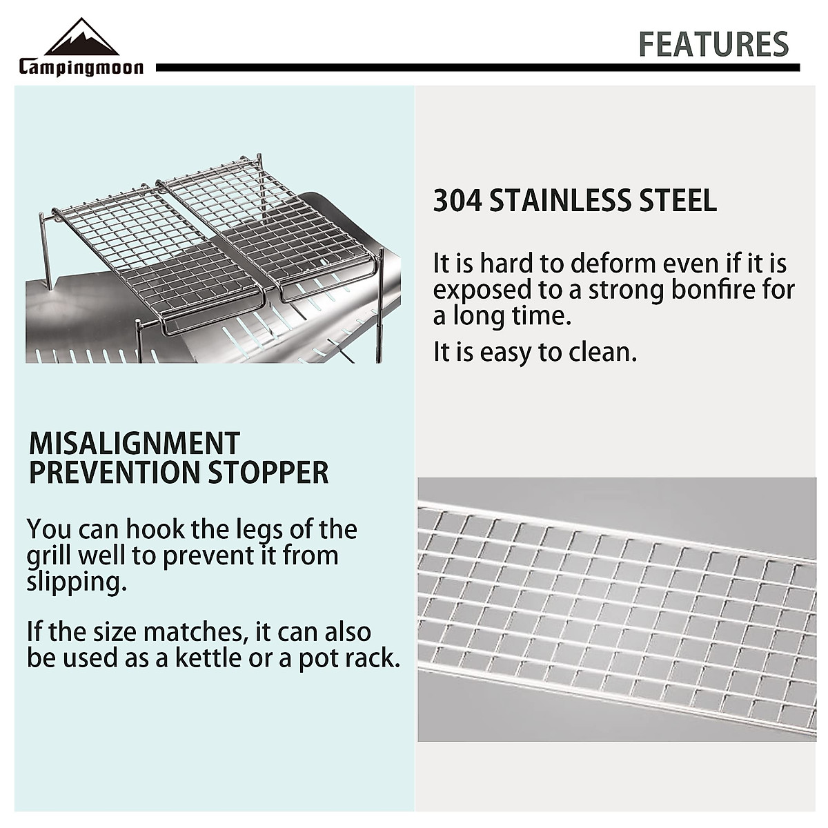CAMPINGMOON Cooking Grate 2pcs set of Camping Grill Grate 304 Stainless Steel (L 9.3 x W 3.5 x H 0.7) for Camping Stove Grill Campfire Open Fire MTG-2G