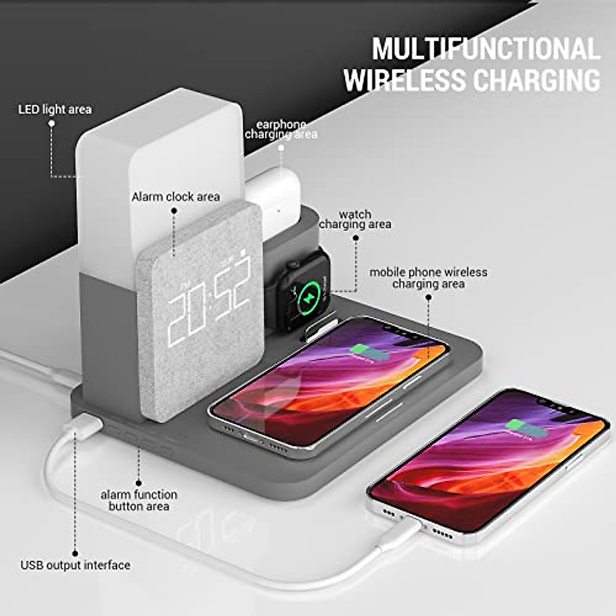 Wireless Charging Station, 3 in 1 Charging Station, Alarm Clock with Wireless Charger, Night Light, iPhone 12/13/14 Pro/13 Mini/13 Pro Max/12 pro, AirPods (Adapter Included)