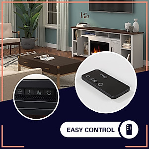 Bridgevine Home Modern 85 Inch Electric Fireplace TV Console. Accommodates TVs up to 95 inches. Fully Assembled. Poplar Solids and Okume Veneers. Jasmine Whitewash and Whiskey Finish.