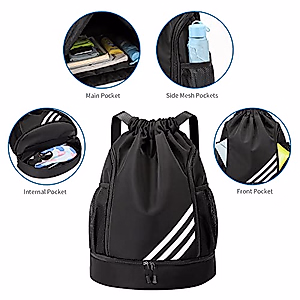 Oziral Drawstring Backpack Water Resistant String Bag Gym Sports with Shoe Compartment Side Mesh Pockets for Women Men (Black)