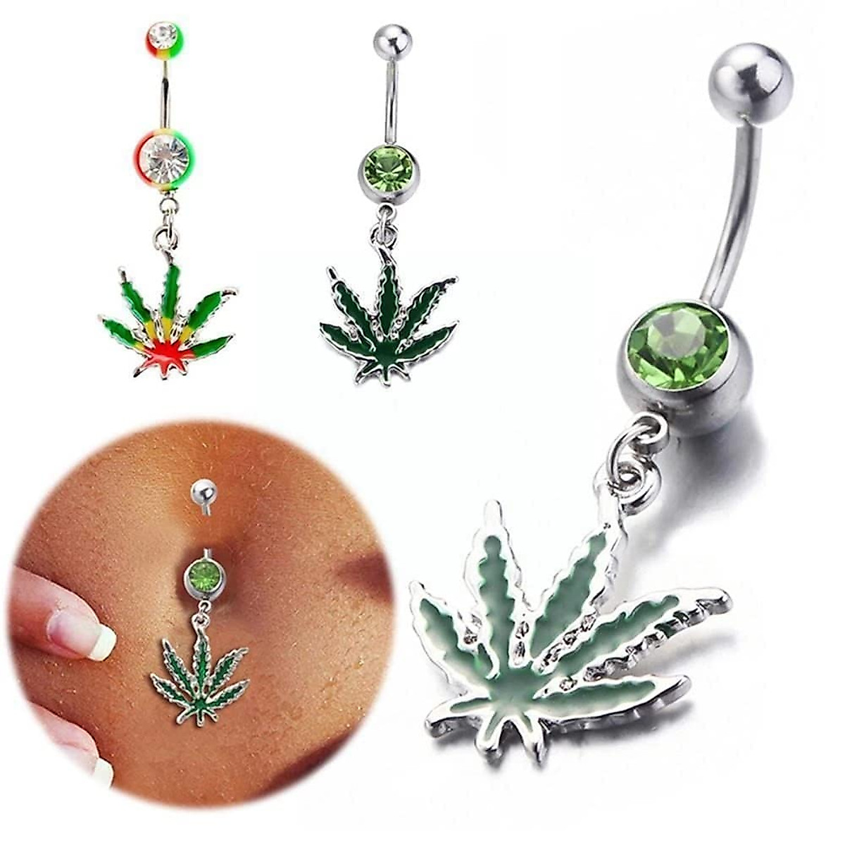 Shuning 3PC Maple Leaf Belly Navel Ring Weed Button Body Piercing Jewelry Bar