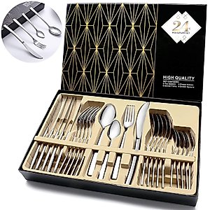 Silverware Set, HOBO 24-Piece Stainless Steel Flatware Silverware Set with Premium Gift box, Include Knife/Fork/Spoon/Teaspoon Service for 6, Mirror Finish, Smooth Edge