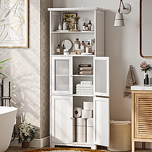 Tiptiper Bathroom Storage Cabinet, Tall Bathroom Cabinet with Adjustable Shelves and Glass Doors, for Bathroom, Kitchen, 11.2" D x 23.6" W x 64" H, White