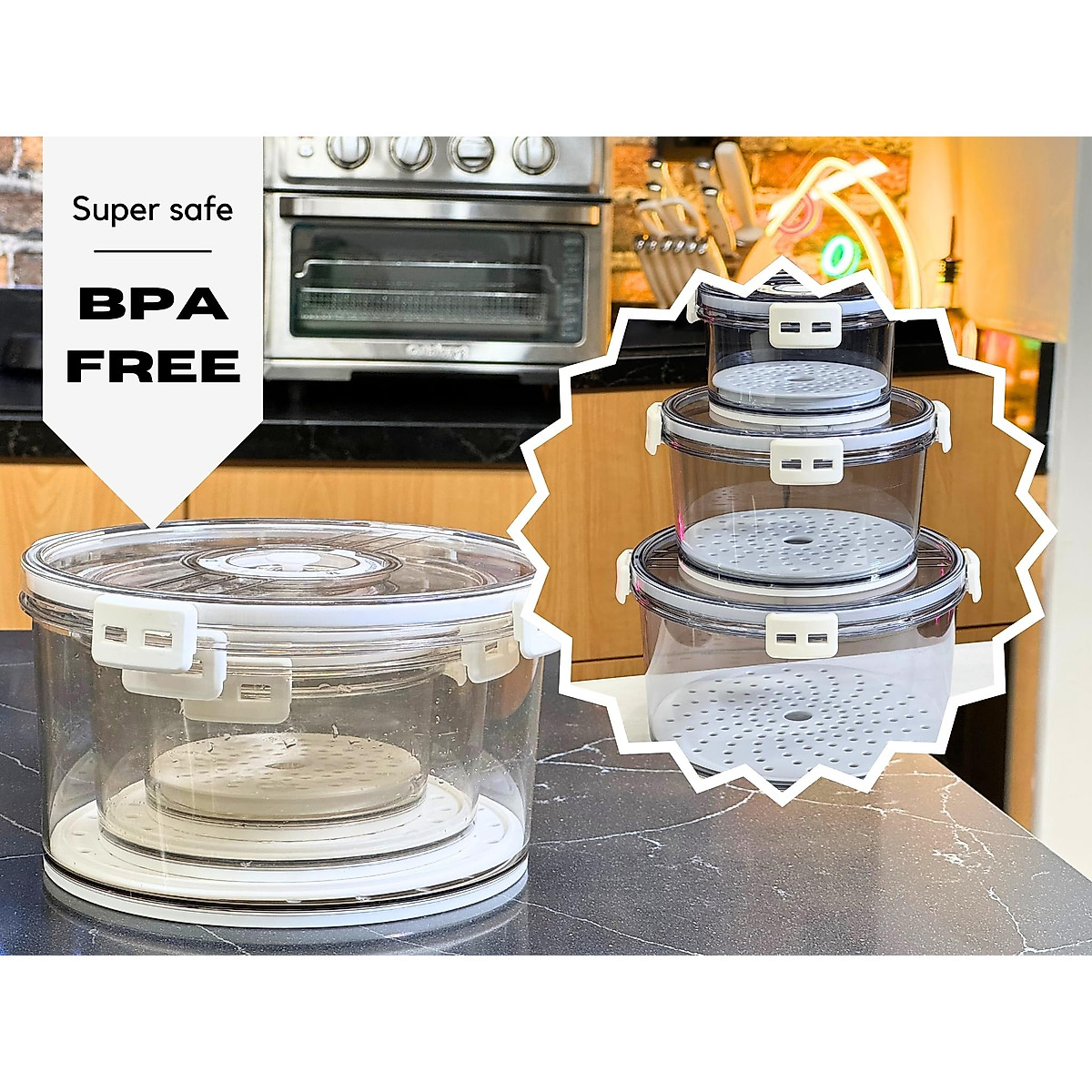 NEBQUINETTI Lettuce Keeper for Refrigerator with Lids 3-Piece Set Date Chronograph Airtight BPA-Free Removable Drain Tray and Air Vents