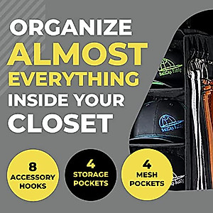 BallcapBuddy - Hanging Hat Organizer, Storage for Caps, Hats, Belts, Shoes & Accessories, Essentials Hat Organizer with Shelves, Side Pockets, and Hooks, 12 x 9 x 59 Inches, Black, Made in USA