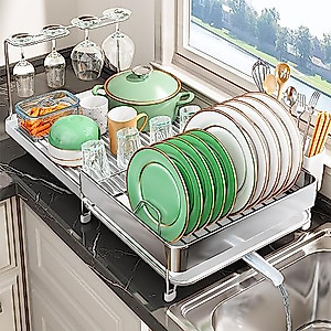 Dish Drying Rack - Expandable Dish Rack - Large Stainless Steel Dish Dryer Racks for Kitchen Counter with Wine Glass Holder, Cutlery Holder, White