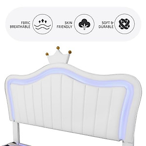Led Bed Frame, Full Size Upholstered Bed Frame with Led Lights, Modern Upholstered Princess Bed with Crown Headboard & Wooden Slats Support for Teens Boys Girls, No Box Spring Needed (White, Full)
