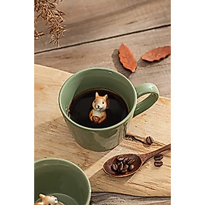 DIHOclub Squirrel Ceramic Cup Hidden 3D Animal Inside Mug,Cute Cartoon Handmade Figurine Mugs,Holiday and Birthday Gift for Coffee Milk Tea Lovers,12 OZ(Light Green)