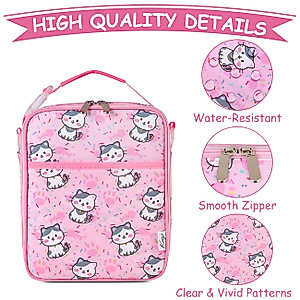 Kasqo Lunch Box Bag for Girls, Insulated Cute Lunch Bag with Shoulder strap Water Bottle Holder Mini Cooler Thermal Meal Tote Kit for Kids, Pink Kitten