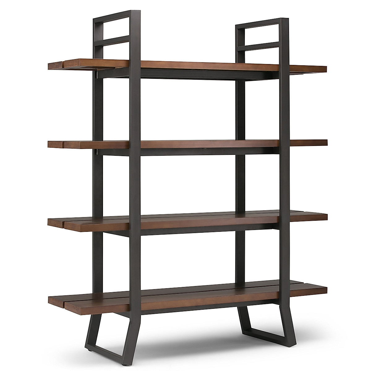 SIMPLIHOME Adler SOLID WOOD and Metal 66 inch x 54 inch Modern Industrial Bookcase in Light Walnut Brown with 4 Shelves, for the Living Room, Study and Office