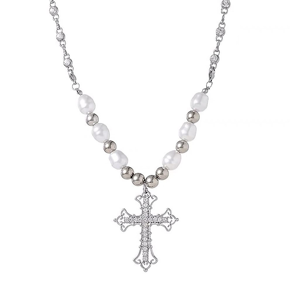 Y2k Pearl Cross Necklace Coquette Aesthetic Baddie Irregular Pearl Crystal Cross Chain Necklace Cool Punk Vintage Jeweley for Women