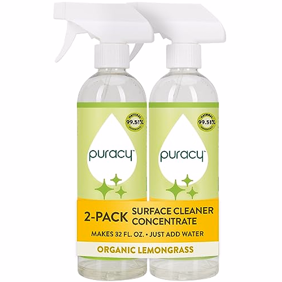 Puracy Everyday Surface Cleaner - Just Add Tap Water to Make 16 Ounces of Natural Household Cleaner - Streak-Free Multi-Surface Cleaner, Nontoxic, Organic Lemongrass, 16 Ounce Spray Bottle (2-Pack)