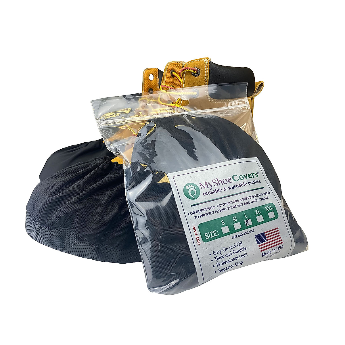MyShoeCovers Premium Reusable Shoe and Boot Covers for Contractors - 1 Pair, Non-Slip, Black, X Large
