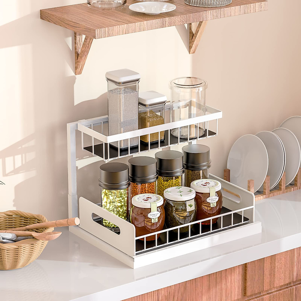 KINGPOUL Under Sink Organizers-2-Tier Heavy Duty Metal Slide Out Pull Out Drawers L-Shape Under Cabinet Storage Around Plumbing, for Under Kitchen Bathroom Sink Organizers and Storage(White)