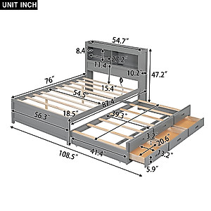 SOFTSEA Full Size Platform Bed with Trundle and Drawers, Platform Bed with Storage Headboard, Wood Bed Frame with Charging Station, Full Bed Frame with Trundle, No Box Spring Needed, Gray