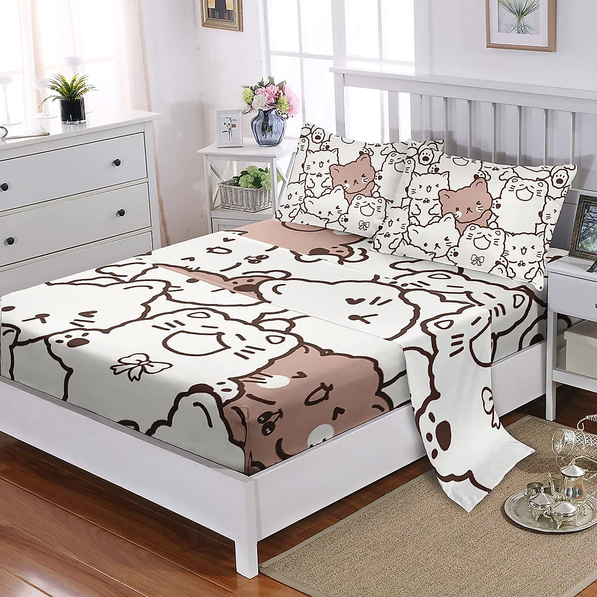 CVHouse Kawaii Cat Bed Set Sheets Full Size,Kawaii Cartoon Cat Bedding Sets for Girls Kids Teens,Cute Cat Fitted Sheet Sets,1 Flat Sheet & 1 Fitted Sheet with 2 Pillow Cases - 4 Pieces