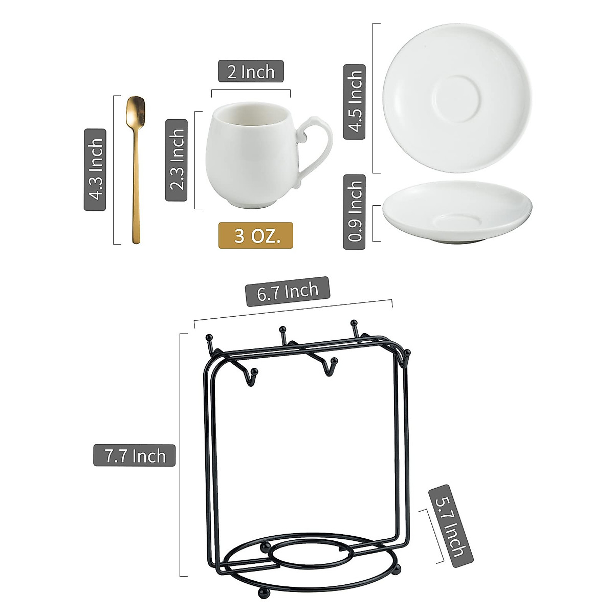 LYEOBOH Espresso Cups with Saucers Set, 3 Ounces Coffee Cups with Metal Stand and Spoons, Ceramic Cappuccino Coffee Cups Demitasse Cups for Espresso, Latte, Cafe Mocha and Tea, Set of 6, White