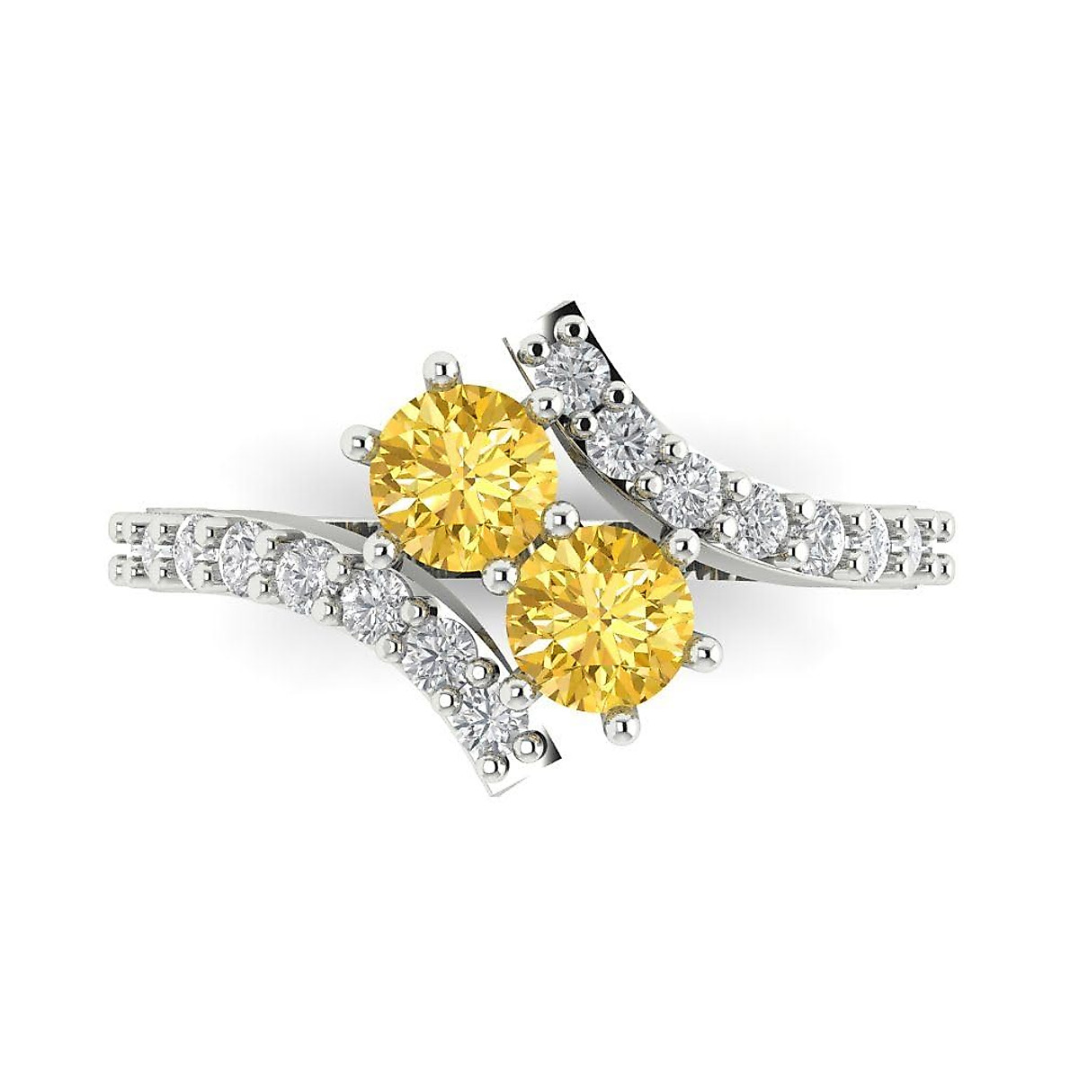 Clara Pucci 1.95ct Round Cut 2 stone love Solitaire Natural Orange Citrine designer Modern Statement accent Ring Solid 14k White Gold