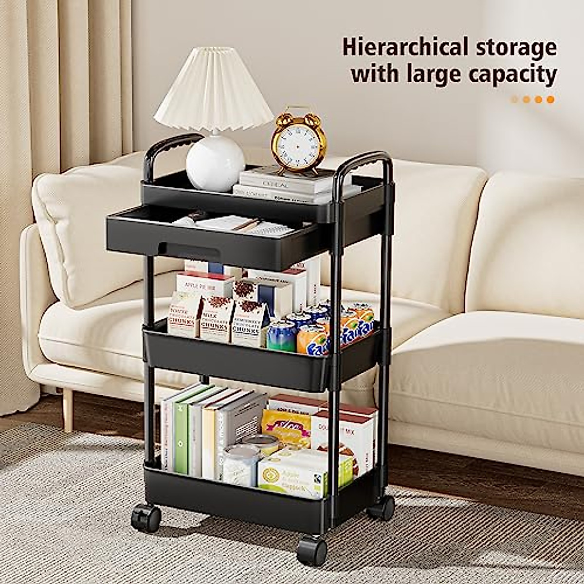 3-Tier Rolling Cart wiht Drawer, Multifunctional Utility Cart Craft Art Cart Trolley Organizer with Plastic Shelf & Metal Wheels, Storage Cart for Kitchen,Bathroom,Living Room,Office,Black