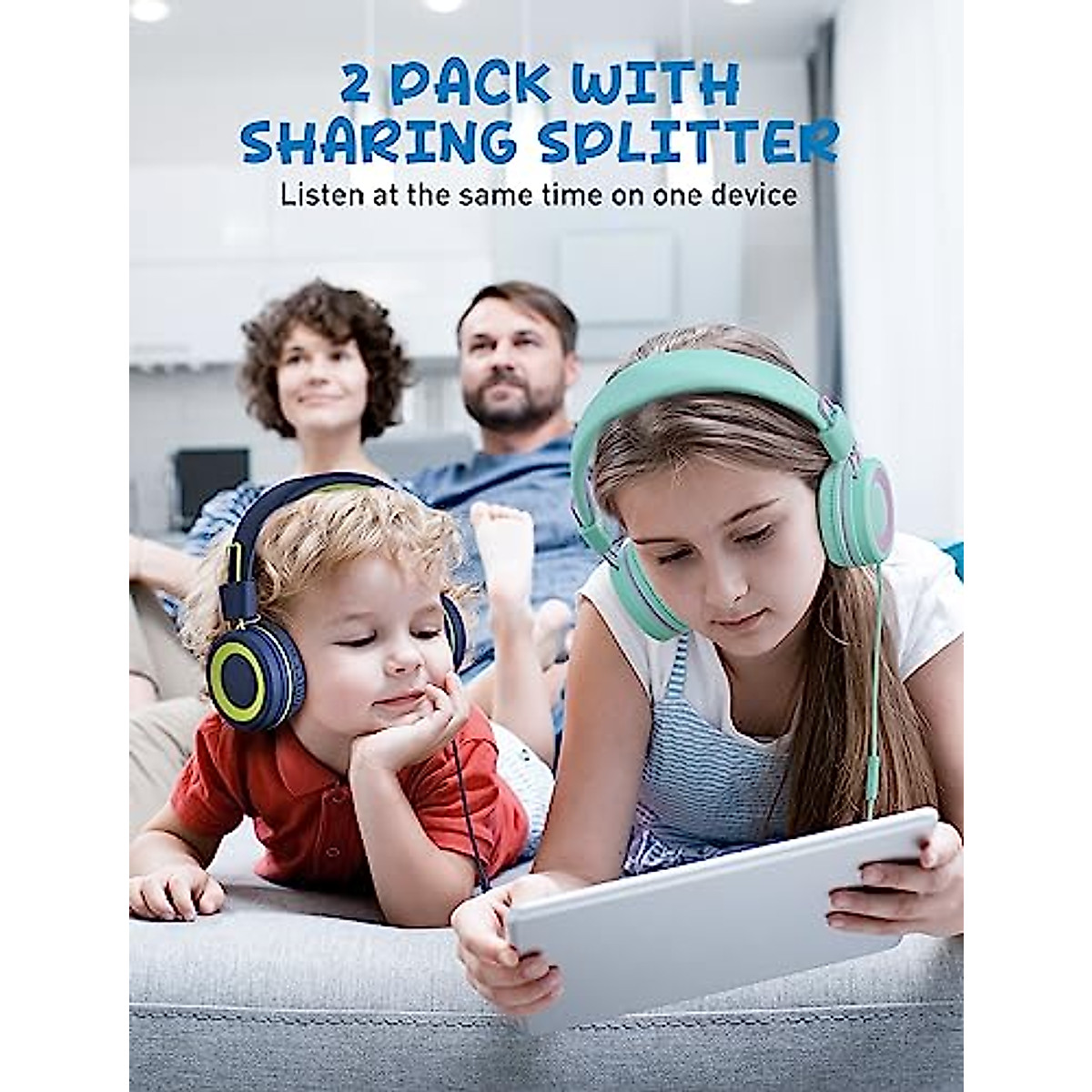 VotYoung Kids Headphones with Microphone, 2 Pack Kids Headphones for Kids Teens with Sharing Splitter, Wired Kids Headset with 91dB Volume Limit, Stereo On-Ear Headset for School/Tablet/Travel