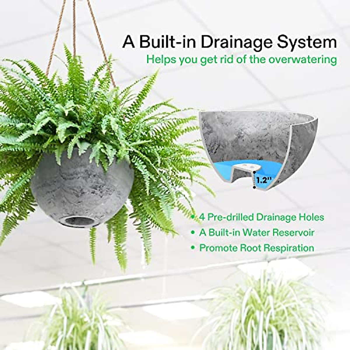 VIVOSUN 2 PCS Hanging Planters, 10 Inch Flower Pots with Drainage Holes, Indoor and Outdoor Hanging Basket, Marble Pattern