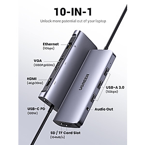 UGREEN USB C Hub, 10-in-1 USB-C Docking Station, 4K HDMI& VGA Dual Monitor, 1Gbps Ethernet, 100W PD, 3 3.0 Ports, 3.5mm Audio Jack, SD/TF Card Reader Multiport Adapter for MacBook iPad Dell HP