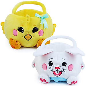 JOYIN 2 Packs Easter Plush Basket Set for Easter Eggs Hunt, Easter Bunny Basket Gift Baskets Bags for Kids, Kids Easter Party Favor (Yellow, White)