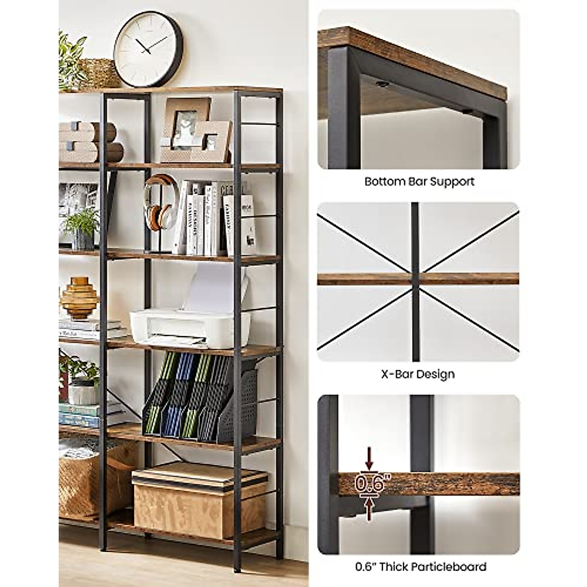 VASAGLE 6-Tier Tall Bookshelf, Bookcase, Large Metal Shelf, 11.8 x 47.2 x 67.9 Inches, for Living Room, Kitchen, Pantry, Study, Home Office, Rustic Brown and Black ULLS114B01