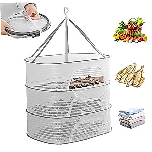 CurcKua Herb Drying Rack Herb Dryer Net 3 Layers Collapsible Mesh Hanging Clothes Drying Racks with Zip Windproof Hook 94x60x40cm Breathable Drying Rack