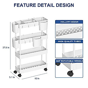 VANDHOME 4-Tier Slim Storage Utility Rolling Cart with Wheels Multifunction Organizer Slide Out Trolley Cart for Kitchen Bathroom Narrow Places with Hanging Cups Dividers - White