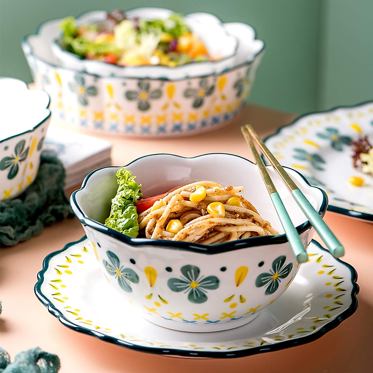 Plate and Bowl Set Kitchen Tableware Set,Ceramics Dinner Sets, 33 Pieces Four Leaf Clover Pattern Cereal Bowl and Steak Plate Set | Porcelain Dinnerware Set for Wedding Housewarming Gifts