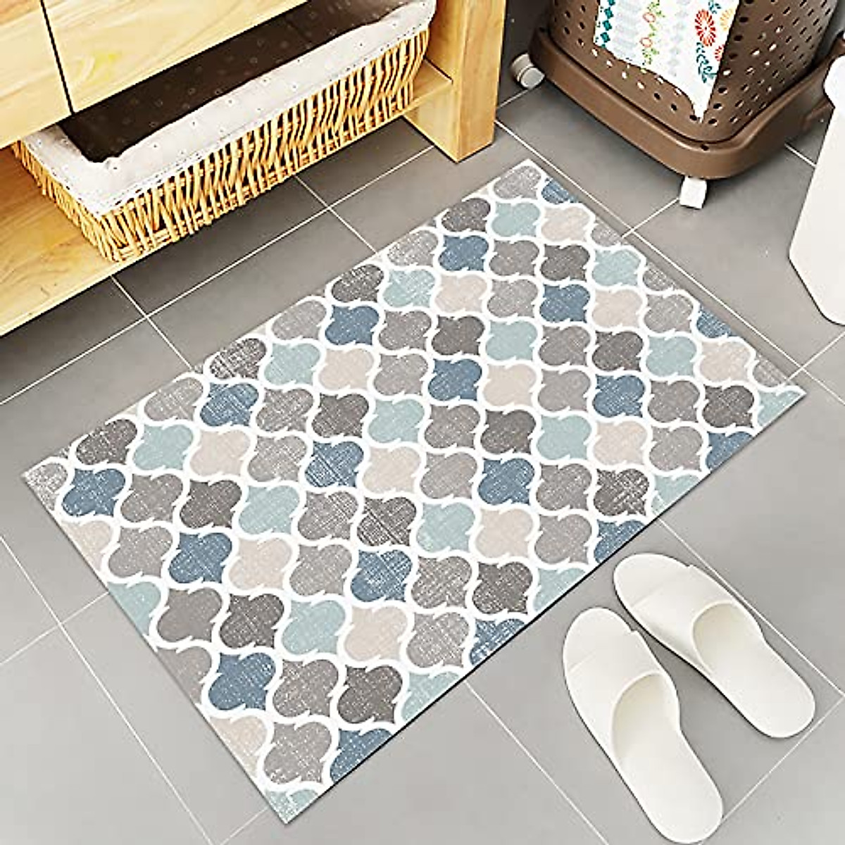 Houseown Kitchen Rugs and Mats 2 Pcs Set, Boho Moroccan Blue Grey Geometric Plaid Microfiber Kitchen Mat Non-Slip Washable Home Decor for Kitchen Floor Home Office Laundry