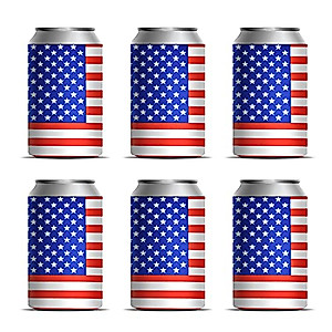 6 Pack American Flag Beer Can Cooler Sleeves 4th of July Decorations, 5.1 x 3.9 Inch Insulated Collapsible USA Pattern Drink Cooler Sleeves for 12 oz Cans and Bottles, Memorial Day Independence Day