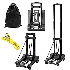 HEIHAK 99 lbs 4 Wheel Folding Luggage Cart, Portable Utility Cart with Bungee Cord and Storage Pouch, Collapsible Lightweight Folding Hand Truck for Luggage, Travel, Shopping, Moving, Office, Black