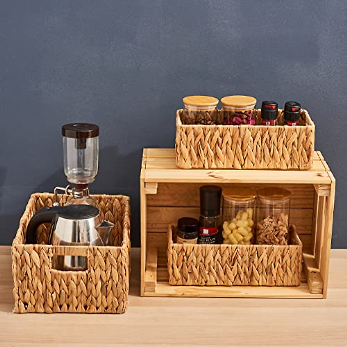 EZOWare Natural Water Hyacinth Baskets, Set of 3 Woven Wicker Rectangular Storage Organizer Bin Boxes with Handles for Closet Toys Clothes Kids Room Nursery - 2 Sizes