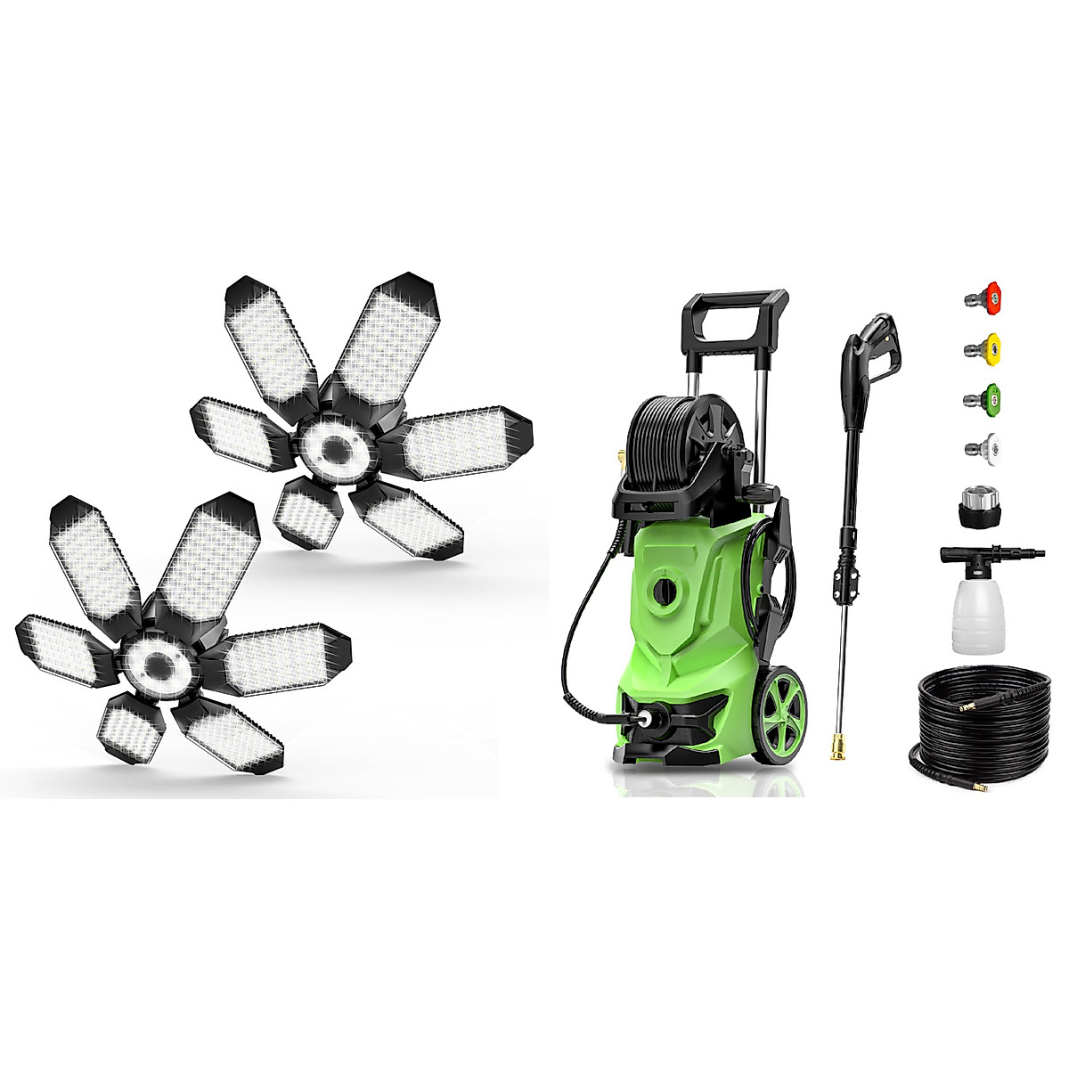 POLARPRA LED Garage Lights - 2 Pack Super Bright 32000LM LED Garage Ceiling Light 6500K LED Shop Light and Electric Power Washer - 3000 PSI 2.6 GPM Pressure Washers with Foam Cannon