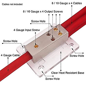 Freajoin 4/8/10 AWG Gauge Power Distribution Block 4 Gauge in - ( 4 ) 8/10 Gauge Out, Satin Nickle Plated Internal Material and High-Strength Clear Housing
