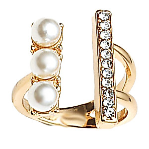 Vintage CZ Tiny Bar Pearl Open Band Ring for Women Girls Gold Plated Cubic Zirconia Statement Adjustable Expandable Shell Pearls Finger Rings Comfort Fit Dainty Wedding Anniversary Christmas Jewelry