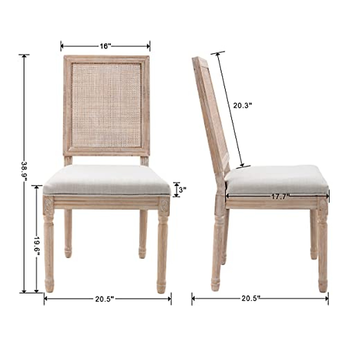 ZHENGHAO Vintage Farmhouse Dining Chairs Set of 2, French Country Dining Room Chairs with Rattan Back, Soild Wood Legs, Upholstered Chairs for Living Room/Kitchen/Restaurant, Beige