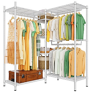 LEHOM G6M Heavy Duty Clothes Rack for Hanging Clothes, Portable Garment Rack Compact Size Closet Organizer, Freestanding Metal Clothing Rack Wardrobe Closet with Storage Shelves for Bedroom, White