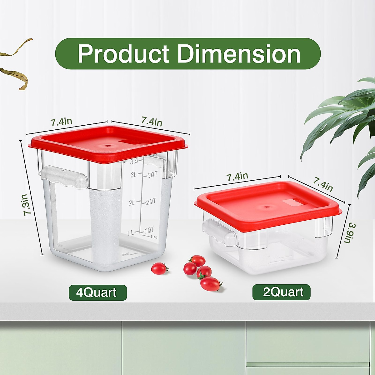 2 Pcs Food Storage Container with Lids Set - 2qt and 4qt Square Clear Food Container with Scales Handles, Commercial Food Storage for Home Kitchen Restaurant Food Storage, Dough Marinating Meat (Red)