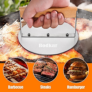 bodkar Smash Burger Press Stainless Steel 6 Inch Round Burger Smasher with Wood Handle, Grill Press Meat Flattener Tool for Flat Top Griddle Grill Cooking