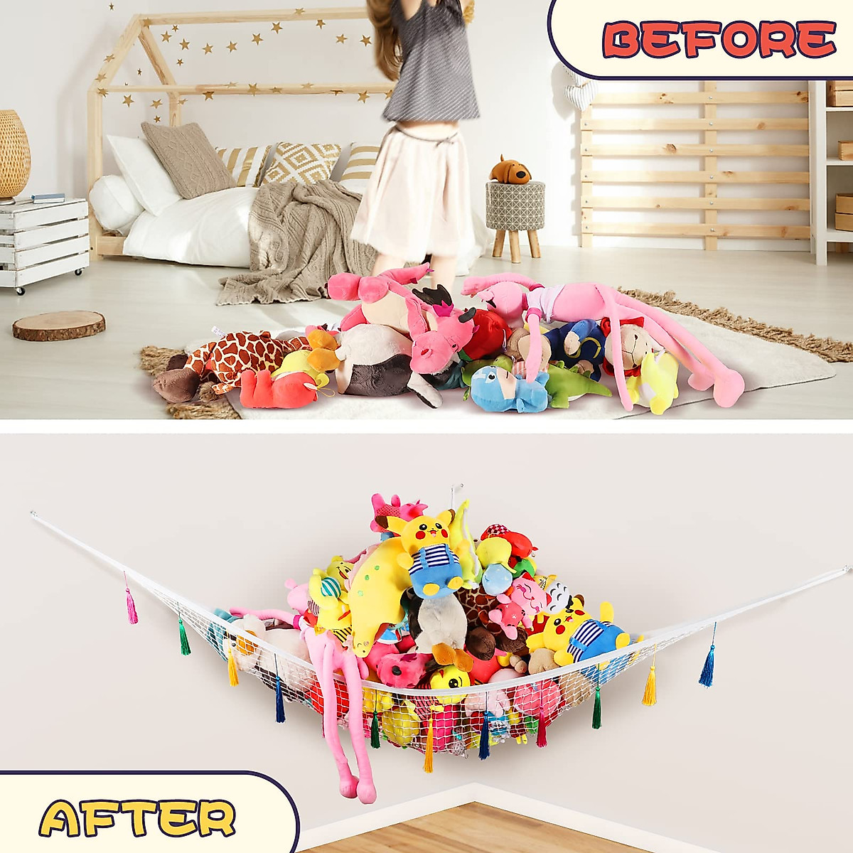 Stuffed Animal Net, Toy Storage Hammock, Premium Plush Hanging Stuff Animals Organizer, Mesh Pet Net with 12pcs Colorful Tassels for Nursery Play Room Bedroom Kid Room(Large, White)