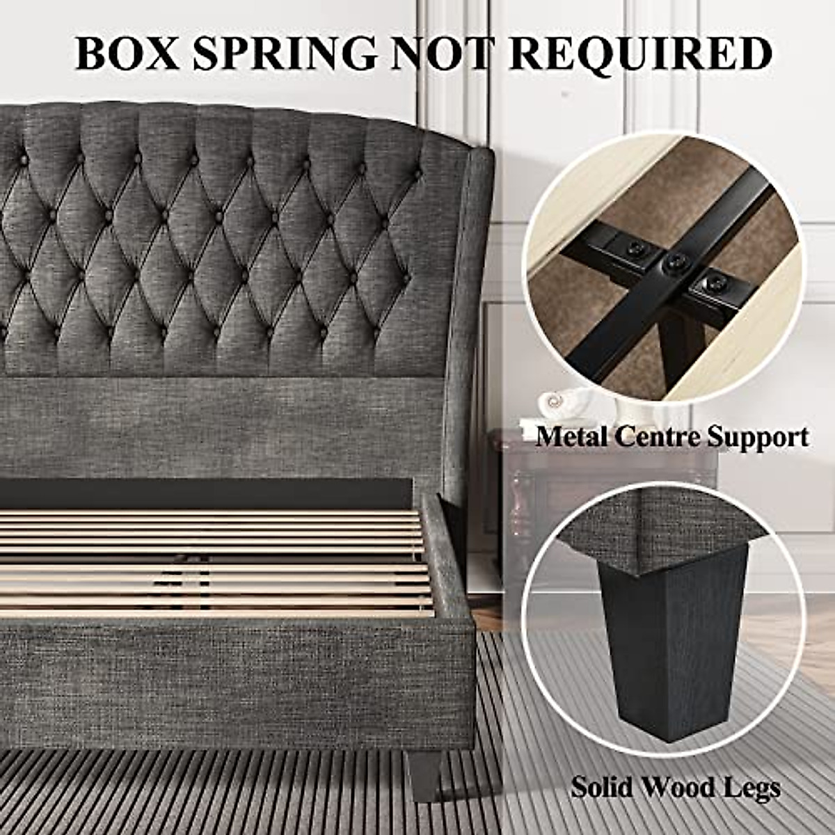 Jocisland Upholstered Bed Frame King Size Wingback Platform Bed Frame Tufted and Headboard Tall Linen Bed Frame/No Box Spring Needed/Wood Slat (Dark Grey)