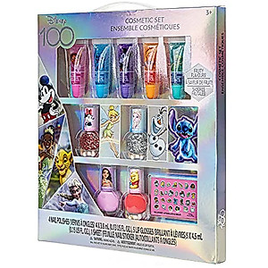Disney 100 Sparkly Cosmetic Makeup Set for Girls with Lip Gloss Nail Polish Nail Stickers - 11 Pcs|Perfect for Parties Sleepovers Makeovers| Birthday Gift for Girls 3+